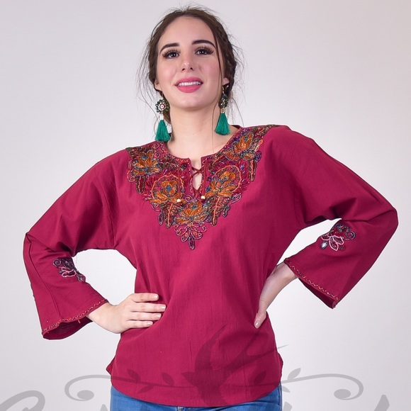 Cielito Lindo | Tops | New Handmade Beaded Boho Blouse Floral Sequined ...
